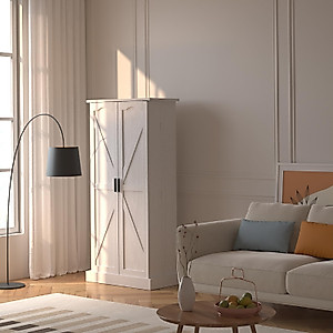 GEPELCN 50" LED Kitchen Pantry Cabinet Farmhouse Storage Cabinet Wood Food Pantry with Barn Doors and Adjustable Shelves Freestanding Buffet Cupboards Sideboard for Kitchen White