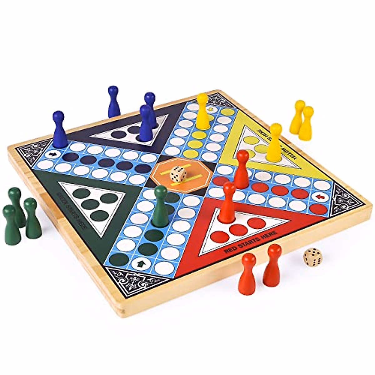 VAMSLOVE Reversible Wooden Ludo Board Game and Classic Chess Checkers Set 3 in 1, 13" x 13" Two-Sided Board Games for Kids and Adults Family Gathering (Games Instructions Included)