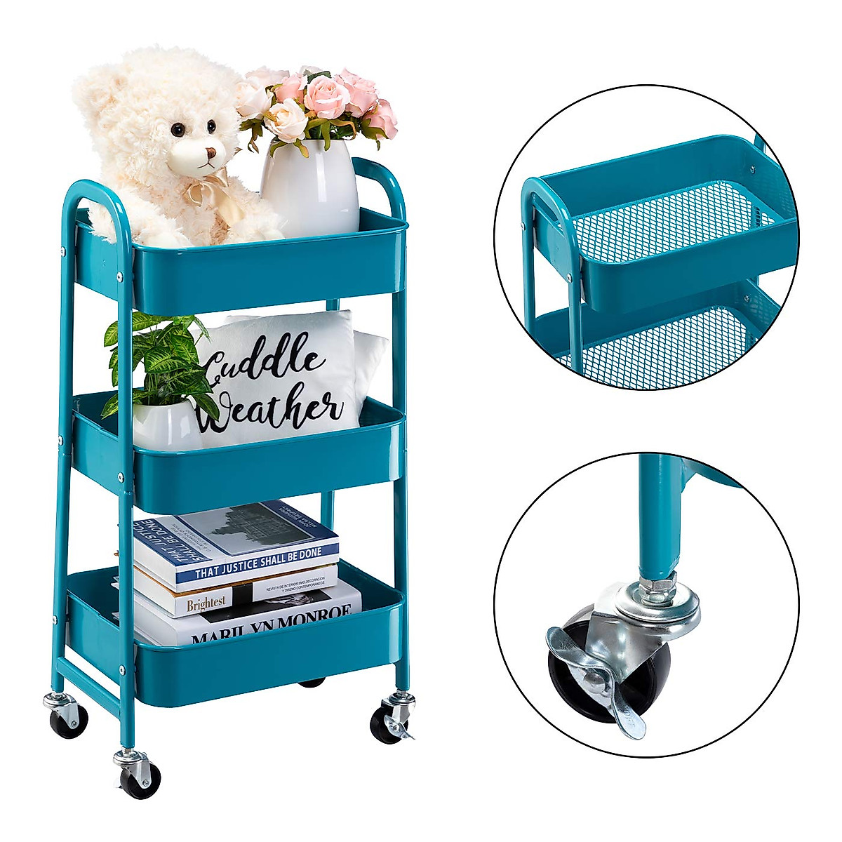 AGTEK Makeup Cart, Movable Rolling Organizer Cart, 3 Tier Metal Utility Cart, Peacock Blue Storage Cart