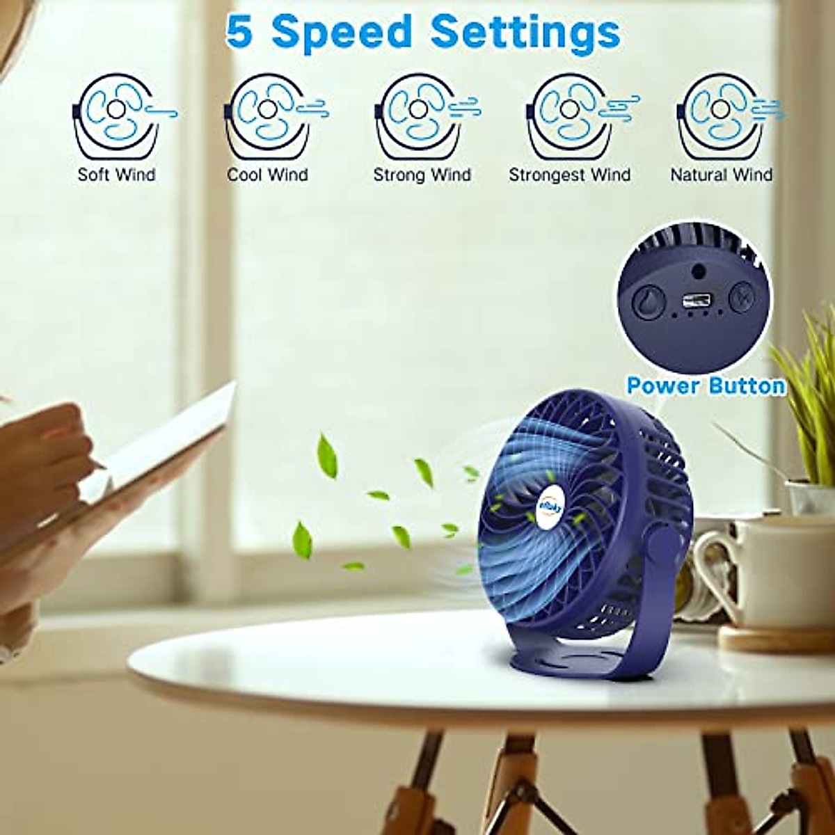 efluky Small Desk Fan, 5 Speeds USB Rechargeable Fan Built-in 3200mAh Battery, 360° Adjustment Portable Mini Fan Surtable for Home, Office, Travel, Camping, 5.7'' Navy