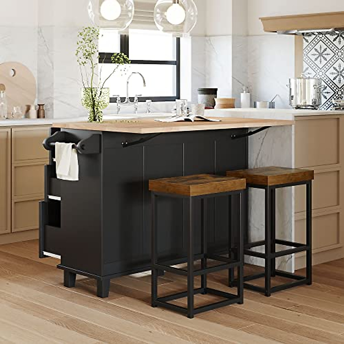 CuisinSmart Kitchen Island with Seating, Kitchen Storage Islands with Drop Leaf and 2 Seatings, 5 Drawers, Solid Wood Dining Table Set with Storage Cabinet and Towel Rack
