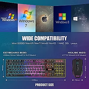 RedThunder K10 Wireless Gaming Keyboard and Mouse Combo, LED Backlit Rechargeable 3800mAh Battery, Mechanical Feel Anti-ghosting Keyboard + 7D 3200DPI Mice for PC Gamer (Black)