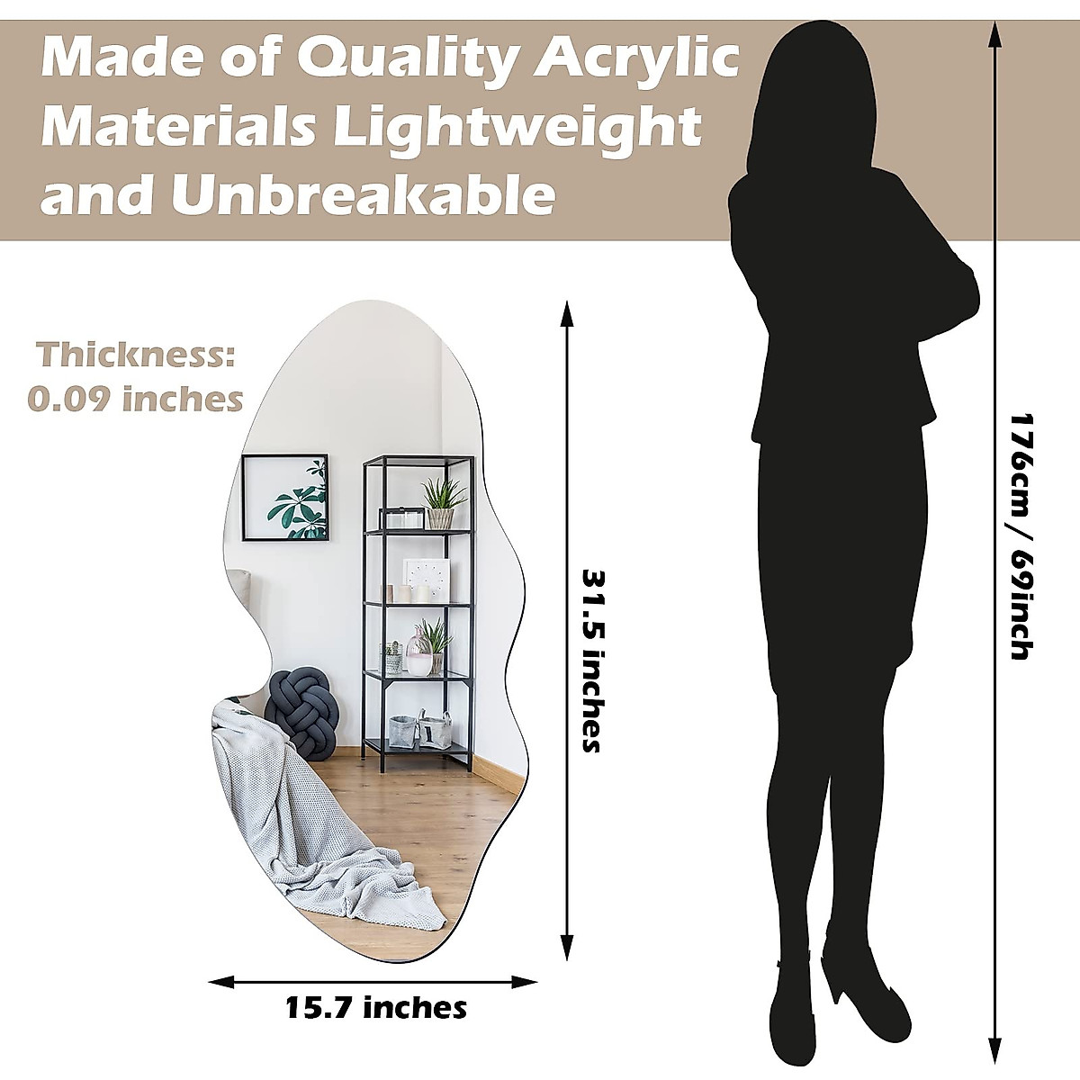 Qunclay Acrylic Irregular Mirror Wall Decor Asymmetrical Wall Mounted Acrylic Body Mirror with 6 Piece Snap Fasteners for Living Room Bathroom Bedroom Entryway Modern Decoration (Abstract Style)