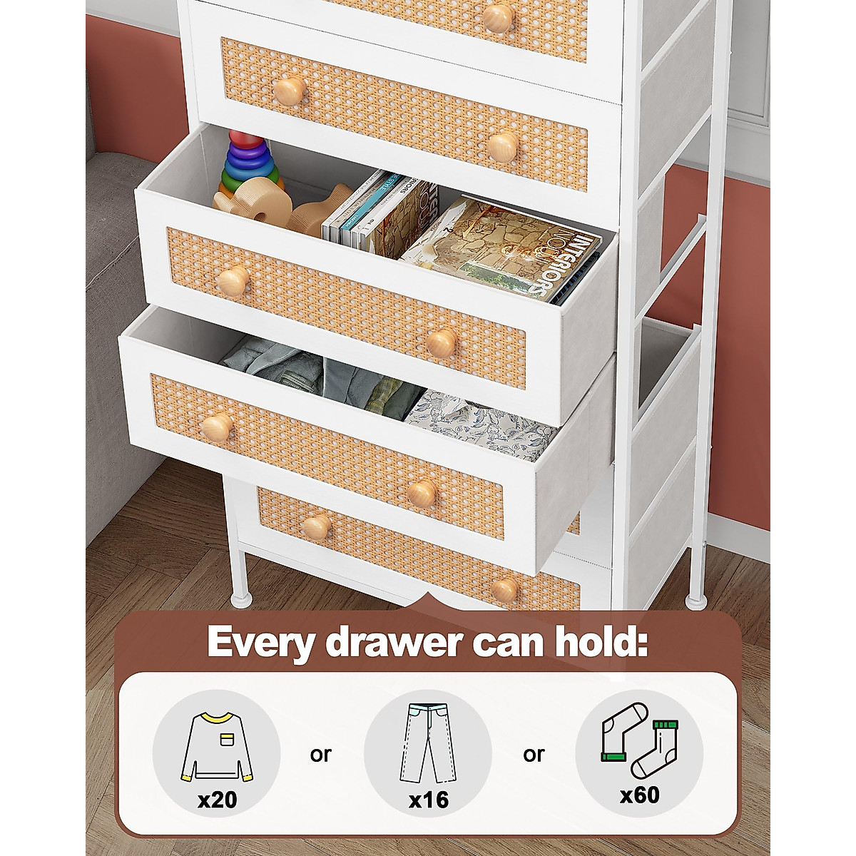 Crestlive Products Rattan Dresser Storage Tower, Tall Fabric Dresser, Chests of Drawers, Wood Top &Wood Handles - Organizer Unit for Bedroom, Hallway, Entryway, Closets - 6 Drawers (White)