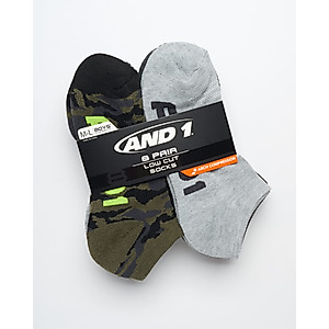 AND1 Boys' Socks - Athletic Cushion Low Cut Socks (8 Pack), Size Small-Medium, Green Camo