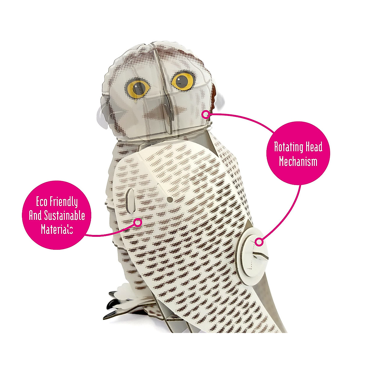 Build Your Own Moving Snowy Owl - Rotating Head Action - Eco Friendly Cardboard Craft Kit - Ages 8+