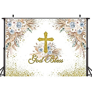 Wollmix 1st First Communion Baptism Decorations Backdrop 7x5ft God Bless Holy Communion Banner Christening Gold Dots Boho Florals Photography Background Baby Shower Banner Photo Booth Props