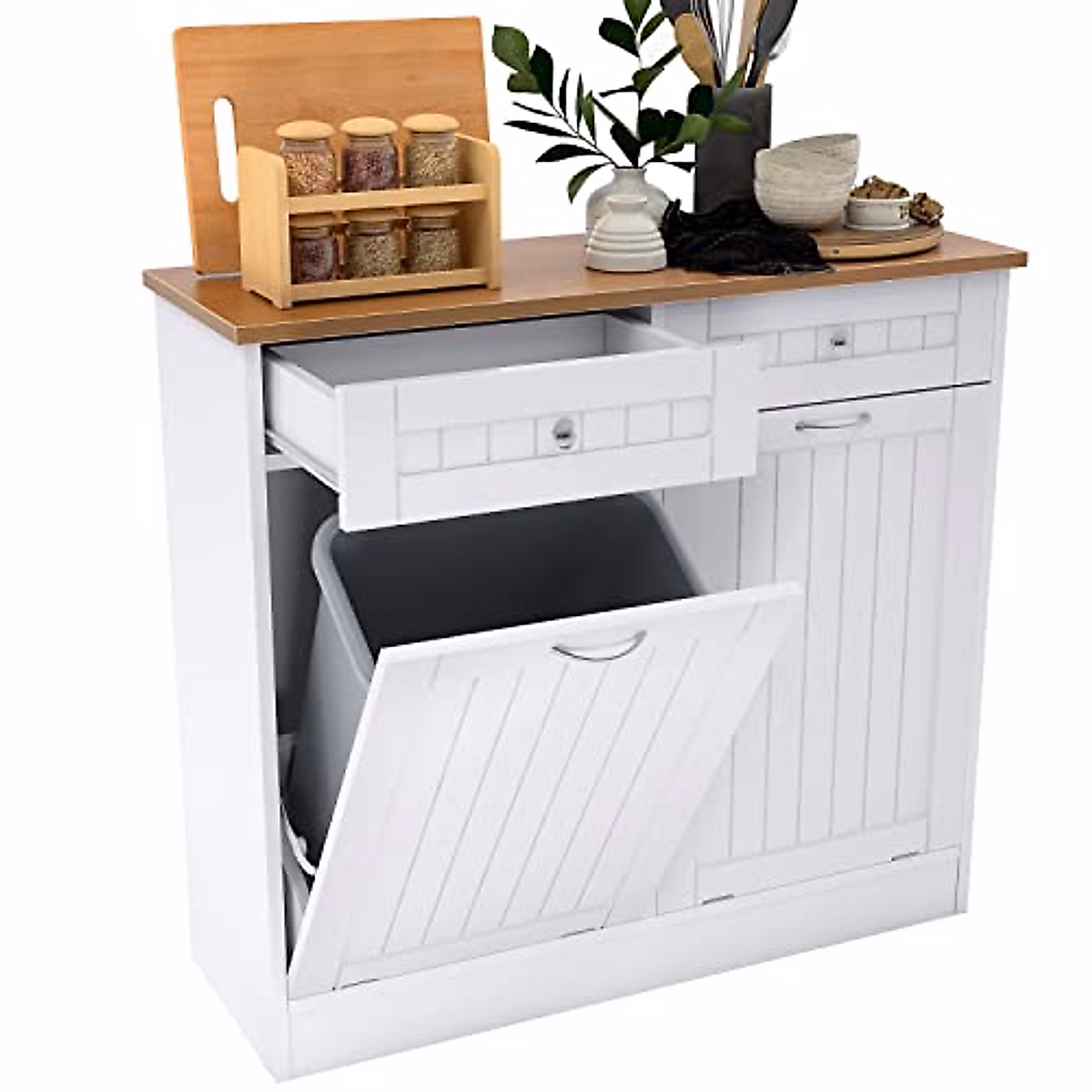 Double Kitchen Trash Cabinet, Dual Tilt Out Trash Cabinet with Two Wood Hideaway Trash Holder Drawers, Free Standing Wooden Kitchen Trash Can Recycling Cabinet Trash Can Holder