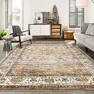 befbee Washable Rug 8x10 Area Rugs for Living Room - Stain Resistant Non-Slip Backing Rugs for Bedroom - Vintage Boho Persian Large Area Rug (Apricot/Blue, 8'x10')