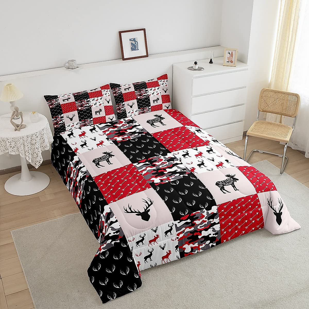 Erosebridal Boys Camo Comforter Set, Deer Silhouette Bedding Set Twin for Kids Teens Adult, Black White Red Camouflage Quilted Comforter Antlers Grid Checkered Down Comforter with 1 Pillow Case