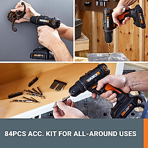 Worx 20V 3/8" Cordless Drill with 84pc Accessory Kit, Variable 2-Speed Drill Set 265 In-Lbs Torque 20+1 Clutch, Lightweight Compact Drill Driver 3/8-Inch Keyless Chuck – Battery & Charger Included