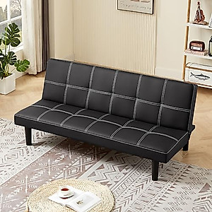 Modern Leather Sofa Bed Futon with Chrome Legs Convertible Folding Sofa Bed for Compact Living Spaces Apartments Dorms Black