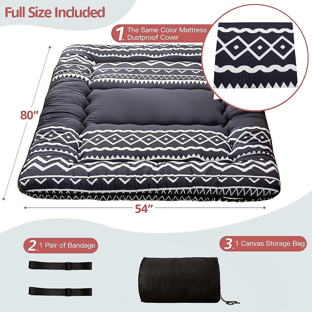 Japanese Floor Mattress Futon Mattress Thicken Sleeping Pad Roll Up Mattress Floor Lounger Bed Camping Mattress Guest Room Mattress Pad, Thick Soft and Comfortable, Black Stripe, Full Size
