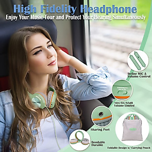 SIMOLIO Foldable Wired Headphones Teens Adults Kids Youths w/Mic & Volume Control & Volume Limited & Share Port & Portable Pouch, Safe Volume Stereo Headset for Online School Gaming PC Laptop Travel