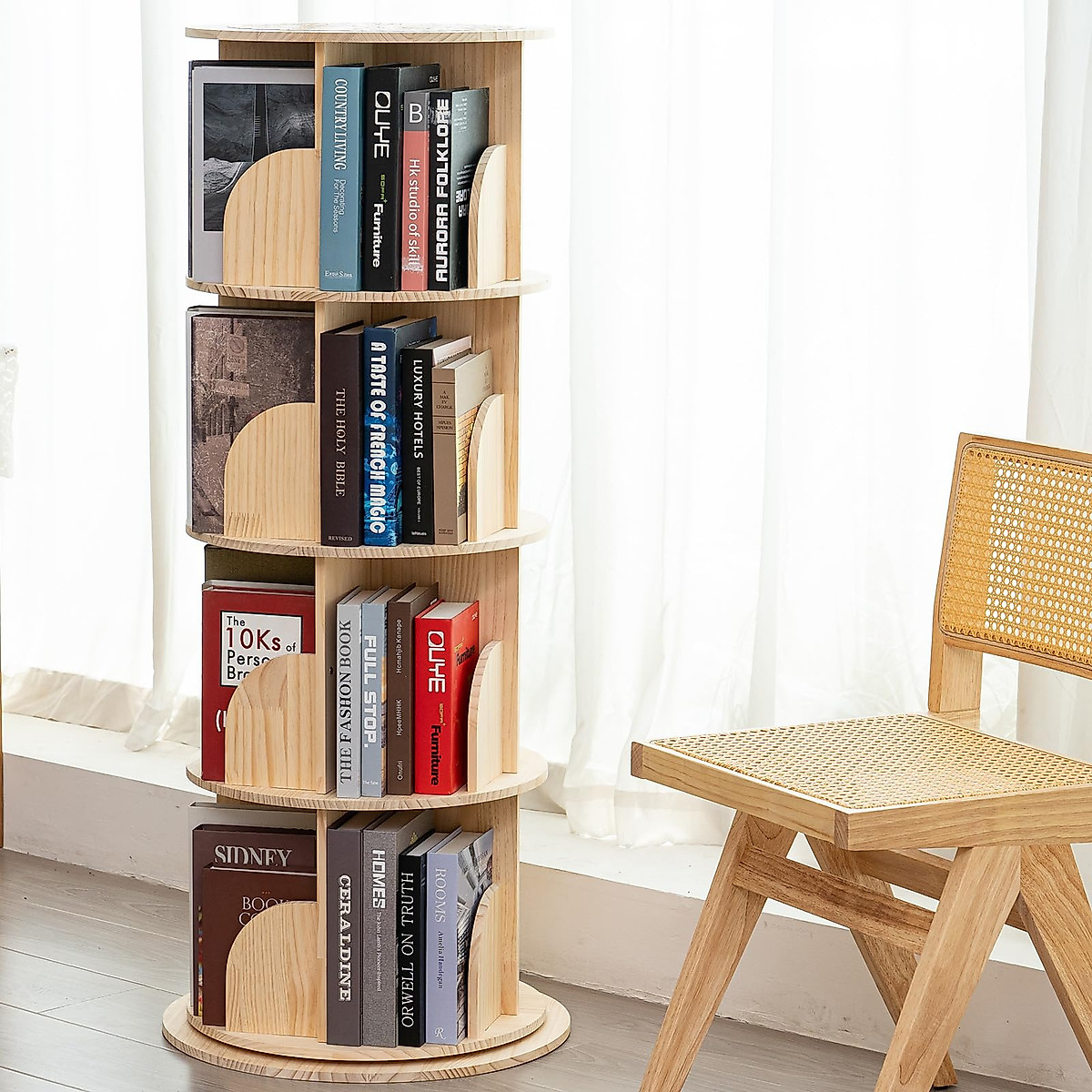 BUYWAY Rotating Bookshelf, 4 Tier Rotating Bookshelf Kids, 360 Display Floor Standing Bookcase Storage Rack for Kids&Adults Solid Wood Bookshelf Organizer, Classic Natural