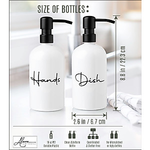 Alora Hand Soap Dispenser and Liquid Dish Soap Dispenser for Kitchen Sink - Set of 2 - Black Metal Pumps - Reusable Plastic Bottle with Easy to Read Lettering - Countertop Replacement Refill