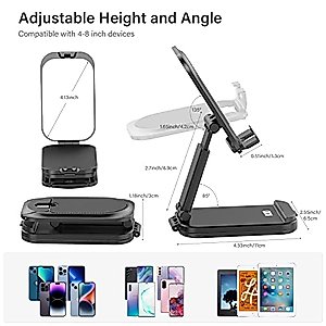 Foldable Cell Phone Stand for Desk , with Makeup Mirror 2 in 1 Phone Holder Adjustable Angle Height Cellphone Cradle Desktop Dock Compatible for iPhone 14 Pro Max 13 Mini 12 XR 11, 4-8'' Smartphone