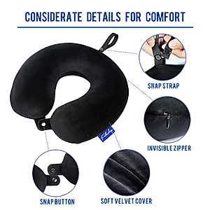 Fabuday Memory Foam Travel Pillows for Airplanes - Neck Pillow for Traveling with Attachable Snap Strap Soft Washable Cover, Flight Pillow for Sleeping, Car, Home, Office, Black