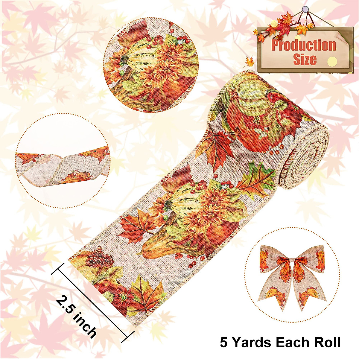 6 Rolls Fall Burlap Ribbons 2.5 Inch Wired Edge Pumpkin Maple Leaf Ribbon Rustic Harvest Truck Orange Plaid Ribbon for Autumn Thanksgiving Gift Wrapping DIY Wreath Crafts, 30 Yards