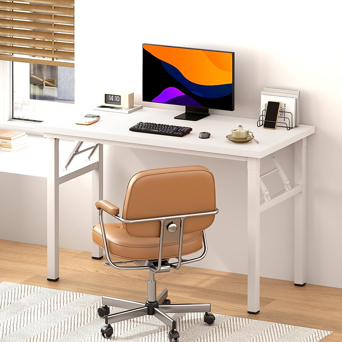 DlandHome Computer Desk Folding Table 39.4 inches Writing Desk for Small Space Folding Desk Laptop Desk No Assembly Required White&White