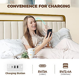 Rolanstar Bed Frame Twin Size with Charging Station and LED Lights, Upholstered Velvet Bed with Headboard Footboard, Heavy Duty Metal Slat, No Box Spring Need, Noise Free, Easy Assembly, Golden Color