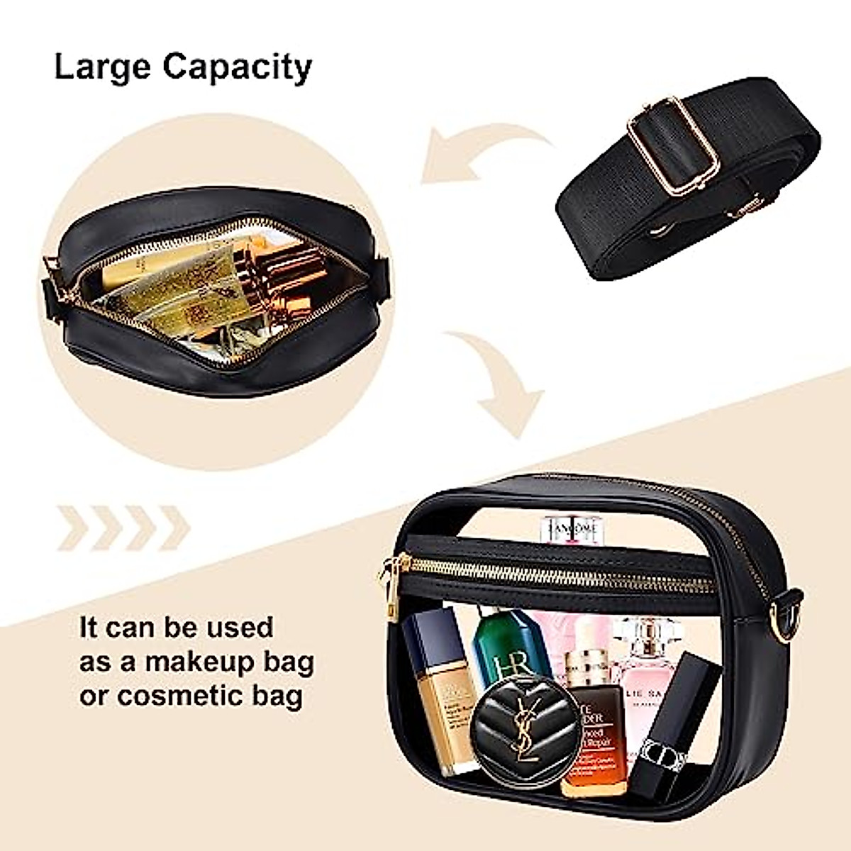 Fibrdoo Clear Bag Stadium Approved, Leather Clear Crossbody Purse Bag for Concerts Sports Events Festivals (Black)