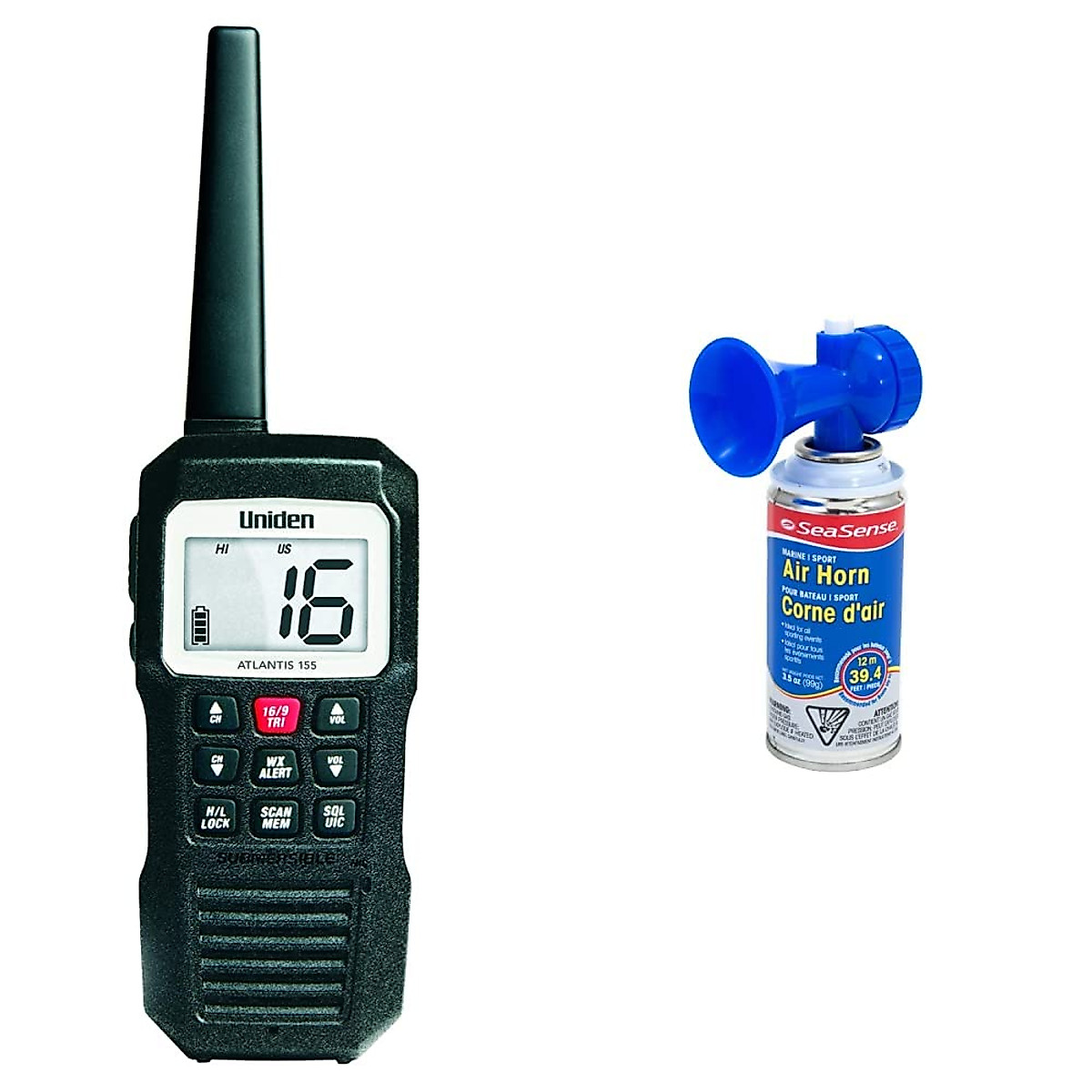 Uniden Atlantis 155 Handheld Marine Radio + SeaSense Large Air Horn