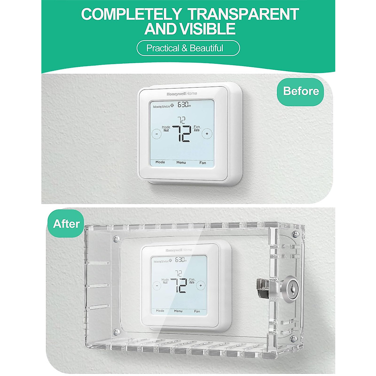 Upifen Thermostat Lock Box Cover with Key, Clear Thermostat Cover with Lock Compatible With Home Thermostat On Wall, AC Lock Box Cover with Key Fits Thermostats (Rectangle, 6.3''W x 5''H)
