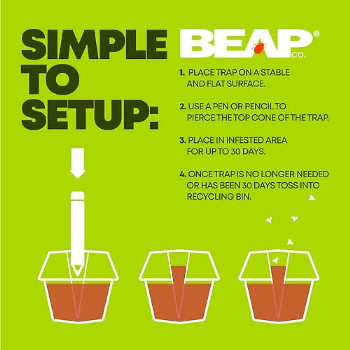 BEAPCO 10036 7 Red 6-Pack Premium Fruit Fly 6 Pre-Filled Trap Flies Indoors | Easy Effective and Safe to Use | Food-Based Lure/Bait Catcher