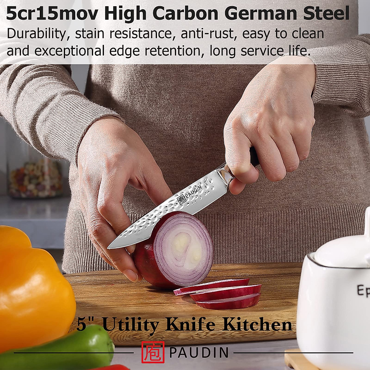 PAUDIN Utility Knife Kitchen, Sharp Chef Knife 5 Inch Small, Paring Knife, High Carbon Stainless Steel Kitchen Utility Knife with ABS Handle, Small Kitchen Knife for Home and Restaurant