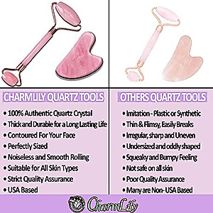 Rose Quartz & Ice Roller + Gua Sha Massager Tool Set for Face & Eyes by Charmlily, Puffiness, Reduce Wrinkle Aging, Migraine, Pain Relief on Neck & Body, Cold Facial Original Natural Stone - 3 in 1