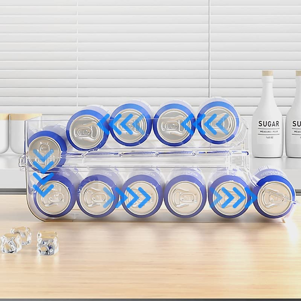 PENGKE Double-Layer Automatic Rolling Beverage Soda Can Storage Organizer,Clear Plastic Canned Food Dispenser,Fridge Organizer Bins for Freezer, Kitchen, Pantry, Countertops,Cabinets(1-Pack)