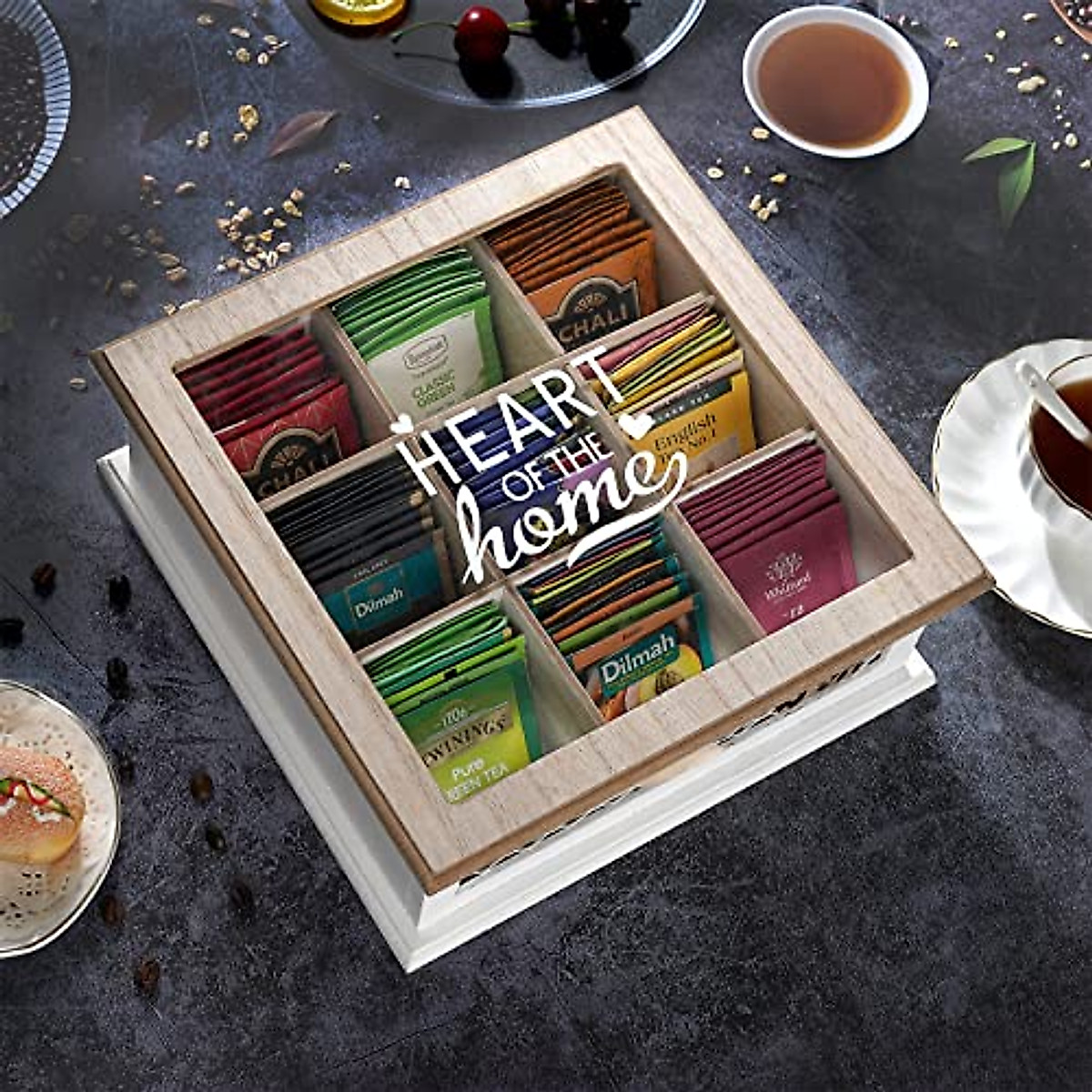 handrong Tea Box for Tea Bag Organizer Wooden Tea Bag Holder Tea Chest with 9 Compartments and Glass Cover for Home Tea Parties and Gift
