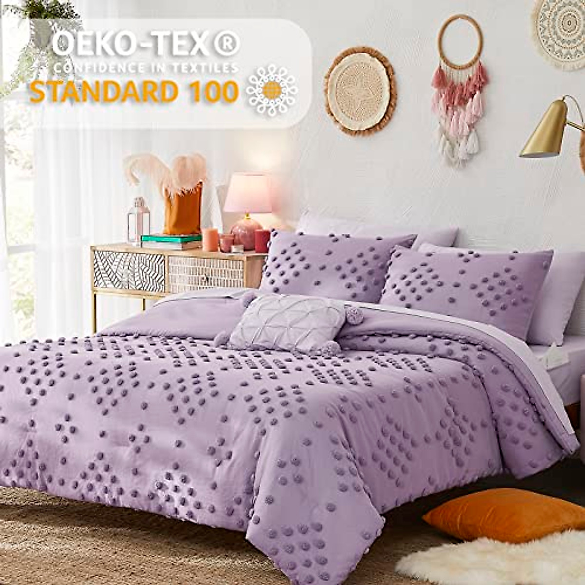 Geniospin Full Comforter Set 8 Pieces, Bed in A Bag with Comforters, Sheets, Pillowcases & Shams - Pom Tufted Design Microfiber, All Season Down Alternative Bedding Sets (Purple, 80 x 90 Inches)