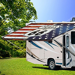 Dulepax RV Awning Fabric Replacement-11'(10'2" Fabric) Heavy Duty 16 oz Vinyl Fabric -Universal Camper Awning Fabric Replacement for All Awning Brands-Photo Graphic Art1:American Flag+Route 66