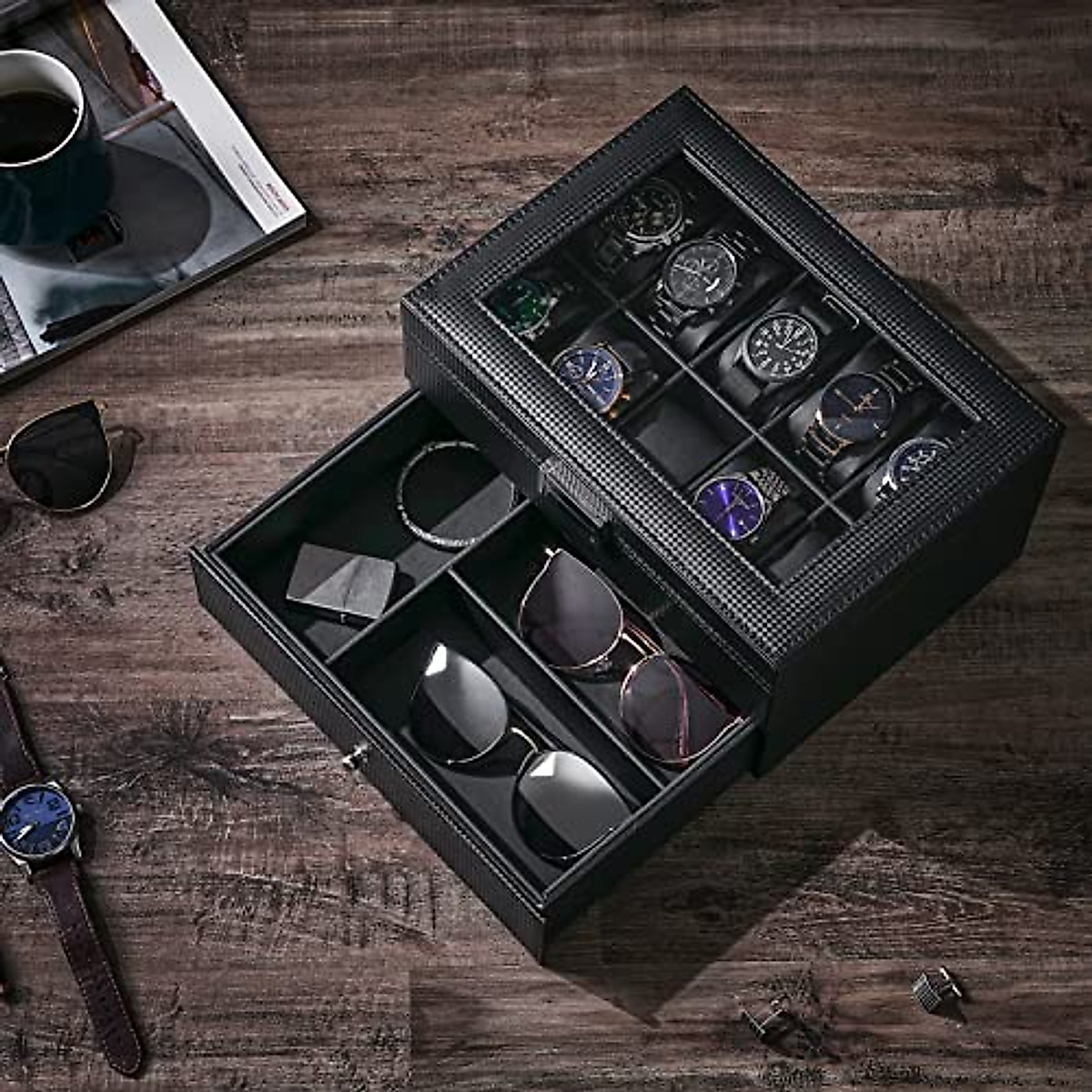 BEWISHOME Watch Box Organizer with Valet Drawer - Real Glass Top, Metal Hinge, Large Holder, Black Carbon Fiber Faux Leather - 10 Slots Watch Storage Case Jewelry Box for Men SSH14C