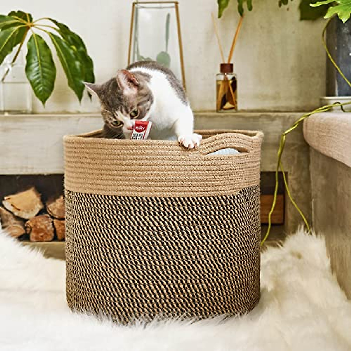 Goodpick Large Cotton Rope Basket 15.8"x15.8"x13.8"-Baby Laundry Basket Woven Blanket Basket Nursery Bin, Jute