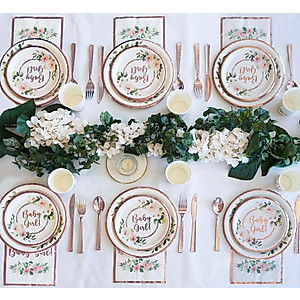 Baby Shower Tableware Plates and Napkins, Baby Girl Decorations | 25 Servings With Rose Gold Foil, Pink Floral Paper Dessert Disposable Cups | Tea Party Supplies