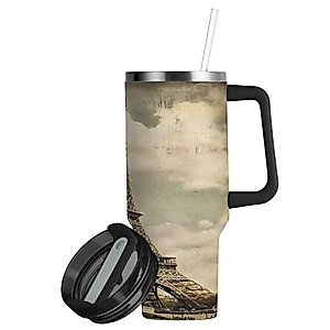 Flradish 40oz Tumbler with Handle, Vintage Eiffel Tower in Paris Stainless Steel Tumbler with Lid and Straws Double Wall Vacuum Insulated Leakproof Coffee Travel Mug