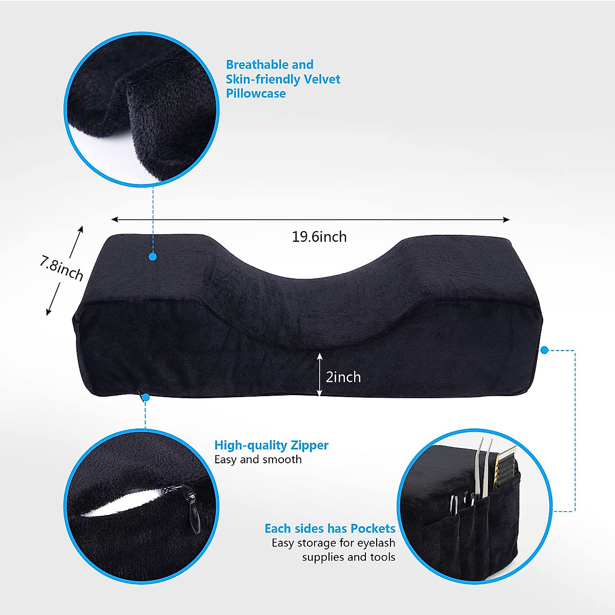 Eyelash Extension Neck Pillow With Acrylic Shelf Organizer Stand, Velvet Warm Lash Extension Grafting Pillow Makeup Tool Display Cabinet Shelves - Black Shelf + Black Pillow(Velvet Pillowcase Updated)