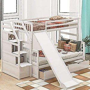 ATH-S Twin Over Full Bunk Bed with Slide, Twin Over Full Bunk Bed with Storage Drawers and Stairscase, Wood Bunk Bed Frame with Guardrails for Kids Boys Girls Teens Adults, No Box Spring Needed, White