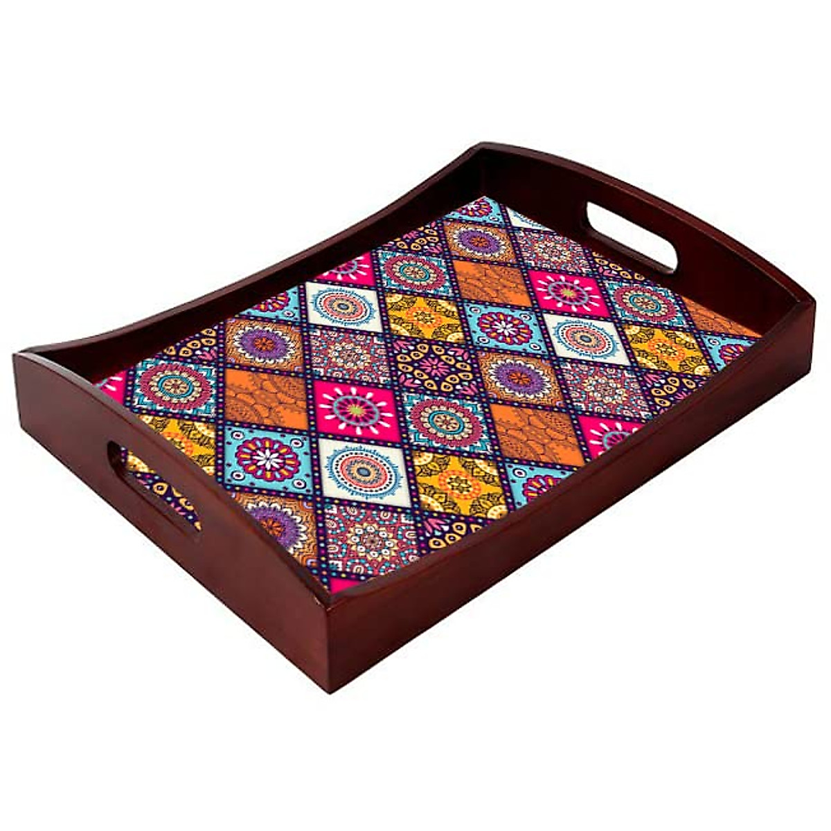 Mandala Printed Wood Serving Tray with Handles, Wooden Serving Tray, Snack Tray, Breakfast Tray, Great for, Breakfast, Coffee Tables, Homes, Restaurant Size- 15" x 10" x 1.75"