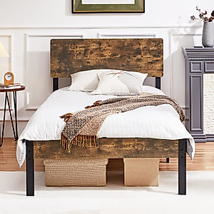 Yaheetech Metal Platform Bed Frame Twin with Wood Headboard and Iron Slats, Rustic Country Bed Base with Mattress Foundation/Strong Slats Support/12 Inch Underbed Storage/No Box Spring Needed, Brown