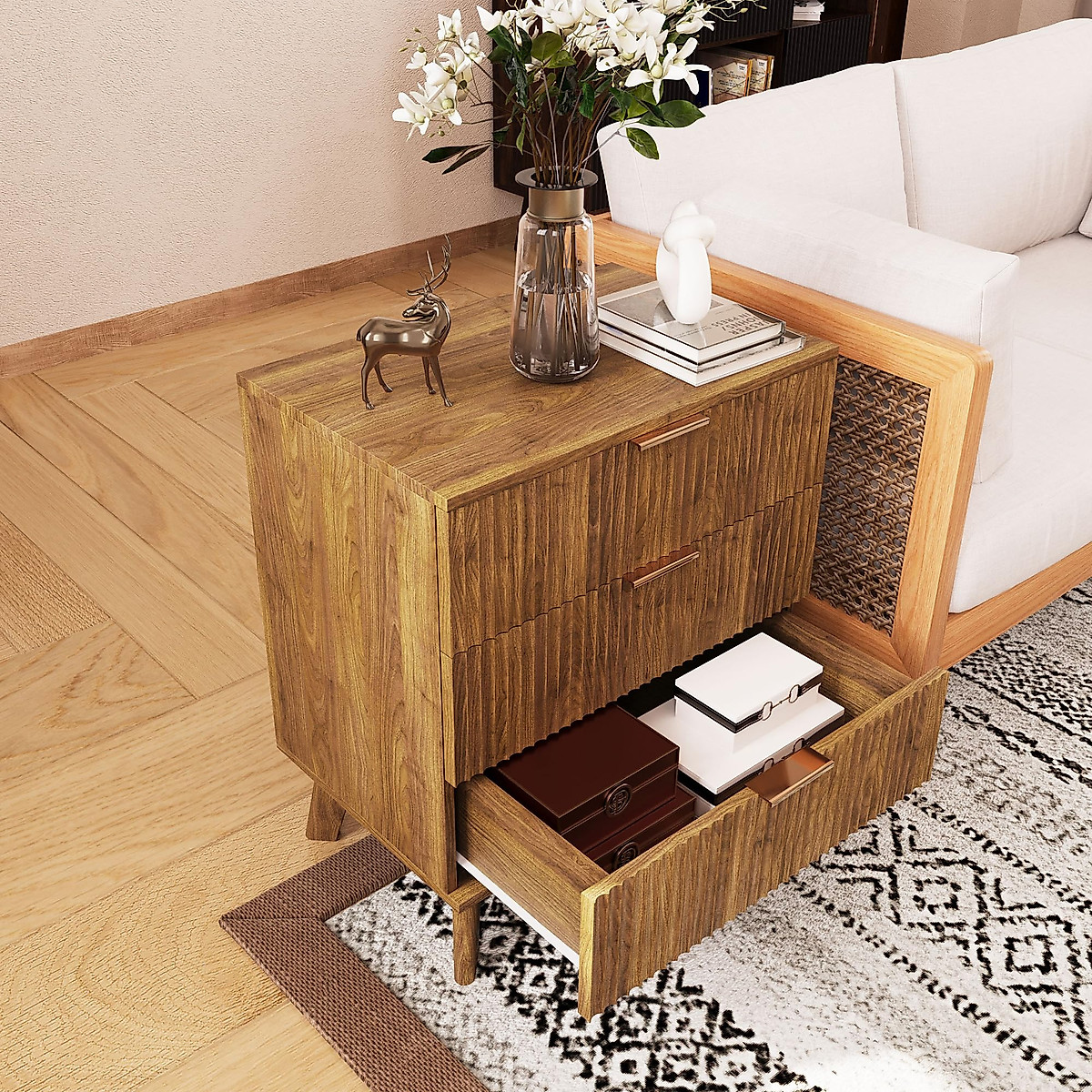 Mid-Century 3 Drawers Bedside Table Cabinet, Modern Nightstand with 3 Drawer and Solid Wood Legs, Contemporary 3-Drawer Nightstand, Mid Century Nightstand with 3 Storage Drawer for Bedroom (Walnut)