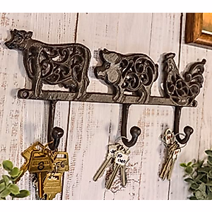 Ebros Cast Iron Filigree Scroll Patterns Rustic Barn Animals Chicken Pig and Cow 3 Peg Wall Hooks Western Vintage Farmhouse Multi-Purpose Hanger Plaque for Coats Hats Keys Clothing Towel Pet Leash