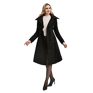 QZUnique Long Trench Pea Coat for Women - Wool Winter Trench Coat Goth Lapel Peacoat Outwear Thick Hood Pea Jacket Trenchcoat