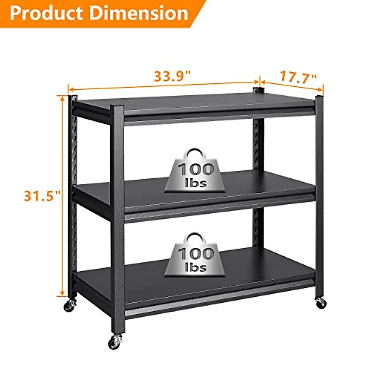 LISSIMO Heavy Duty Storage Shelving with Wheels,3-Tier Metal Garage Shelves for Storage, Adjustable Shelving Unit for Commercial Warehouse Basement Storage Rack(18" D x 34" W x 31.5" H)