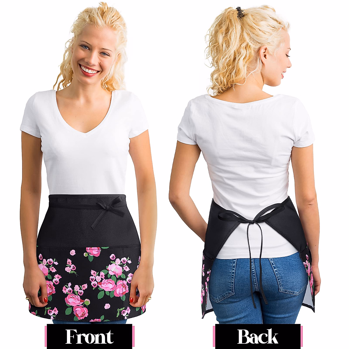 Handepo 4 Pack Teachers Waist Aprons for Women Waist Length Aprons with Pockets Design Adjustable Waist Tie Half Apron for Kitchen Garden Work