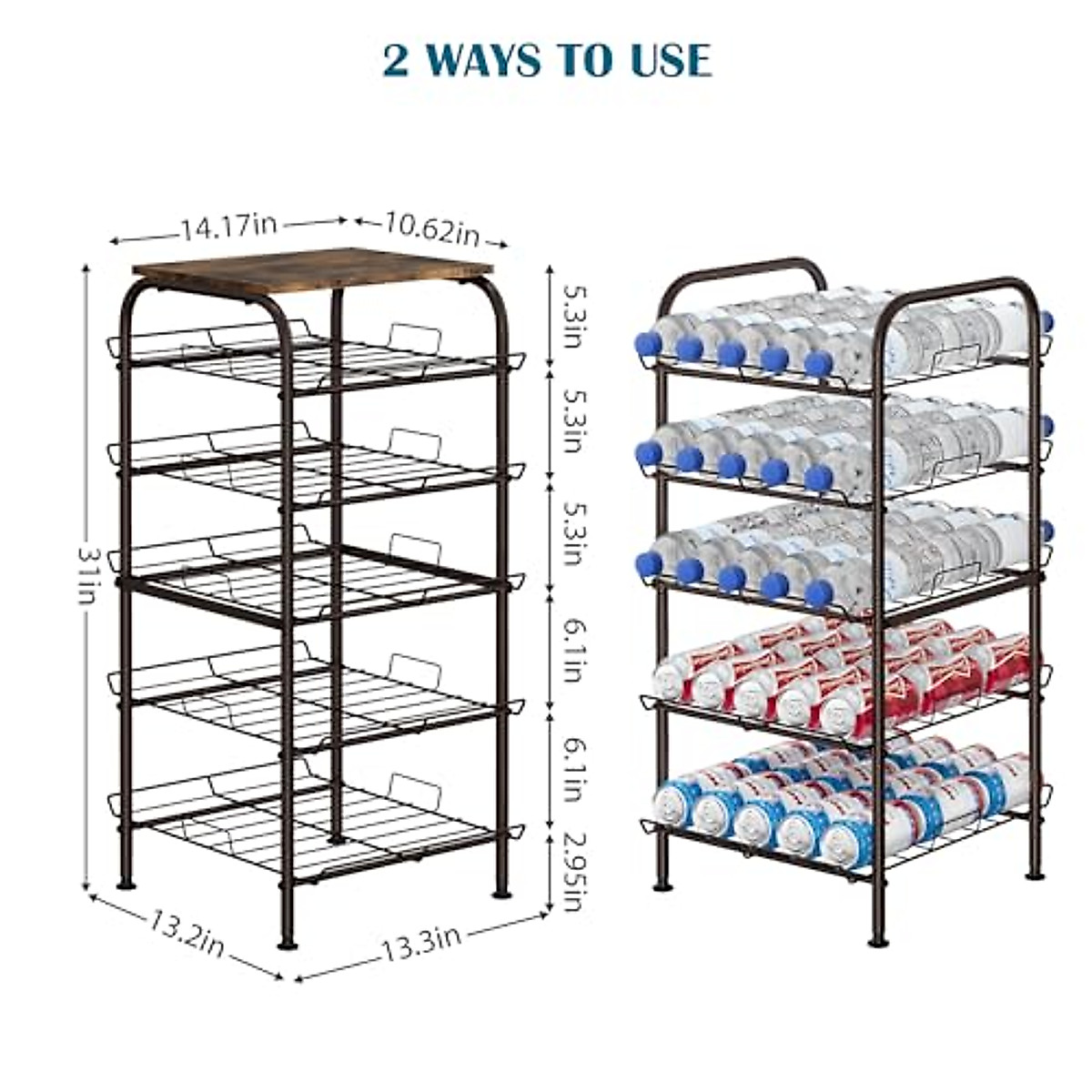smusei Water Bottle Organizer 5 Tier Free Standing Water Bottle Holder Rack Large Capacity Bottled Water Storage Rack Metal Soda Can Beverage Drink Stand Shelf for Kitchen Pantry Office, Brown