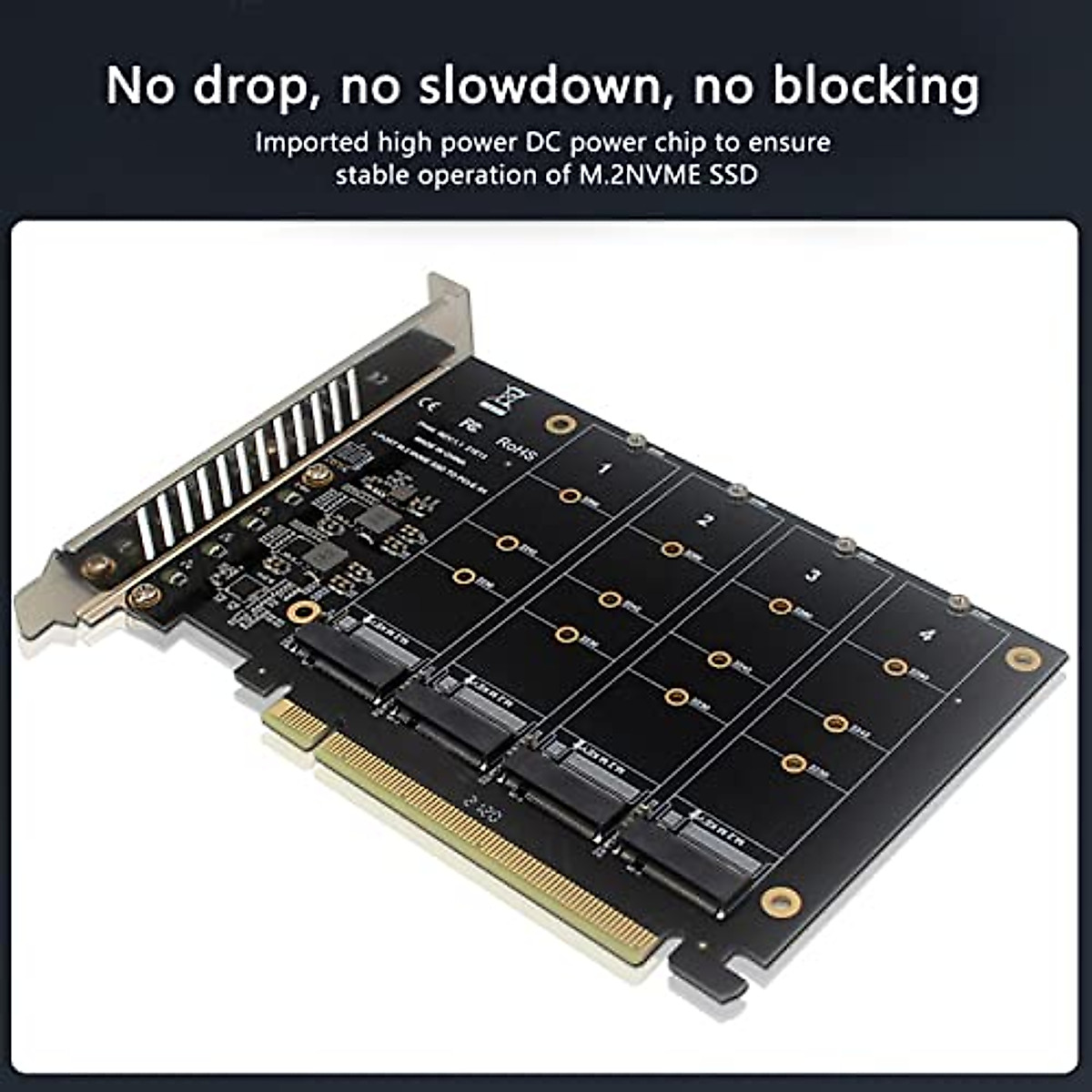 Jopwkuin M.2 SSD Adapter, PCIE X16 Interface Soft Light LED Status Indicator NVME   Card for 4 NVME PCIe Protocol SSDs for PCIE3.0 4.0